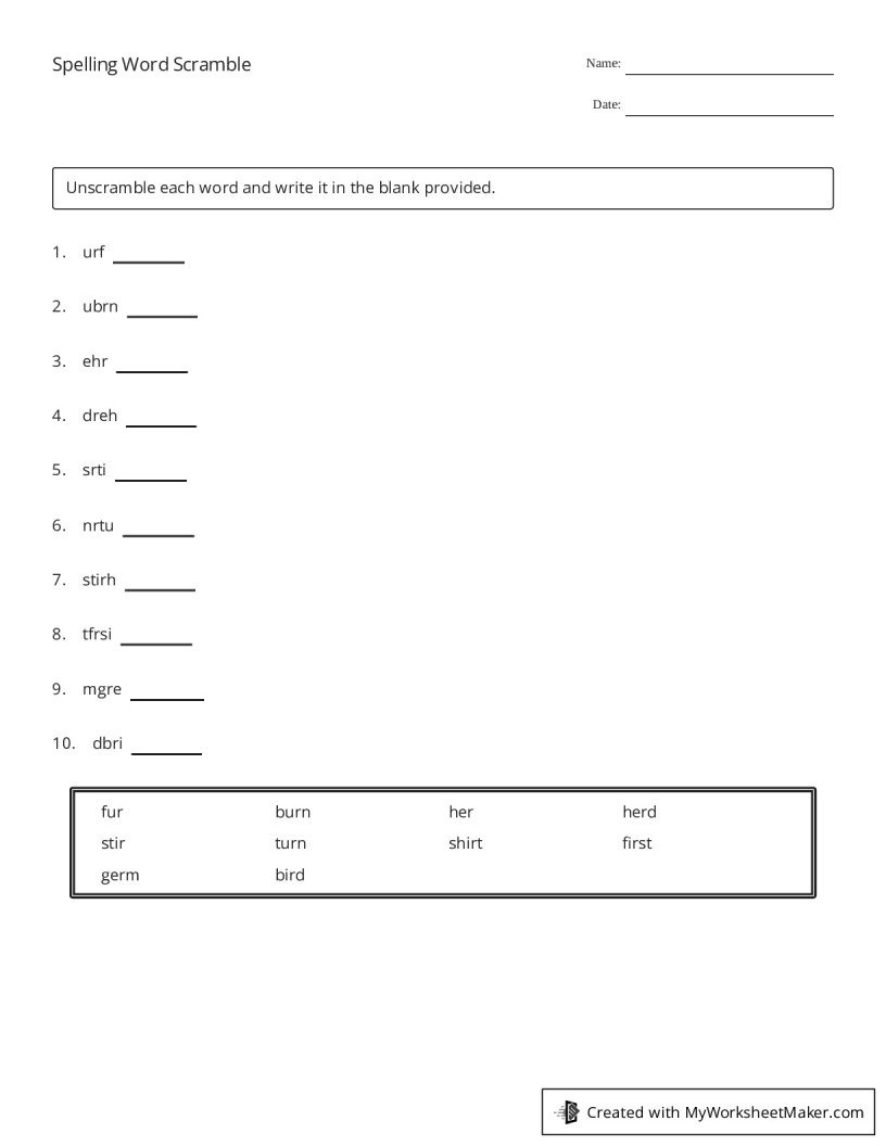 Spelling Word Scramble - My Worksheet Maker: Create Your Own Worksheets