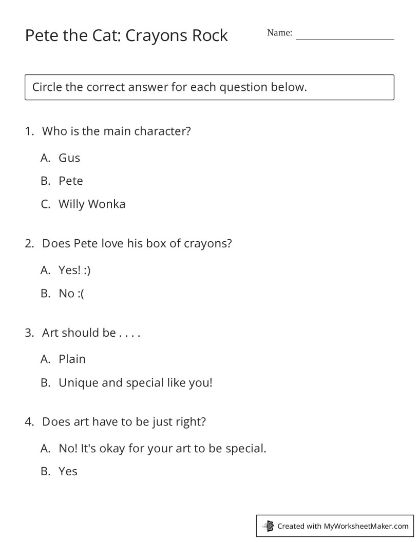 Pete the Cat: Crayons Rock - My Worksheet Maker: Create Your Own Worksheets