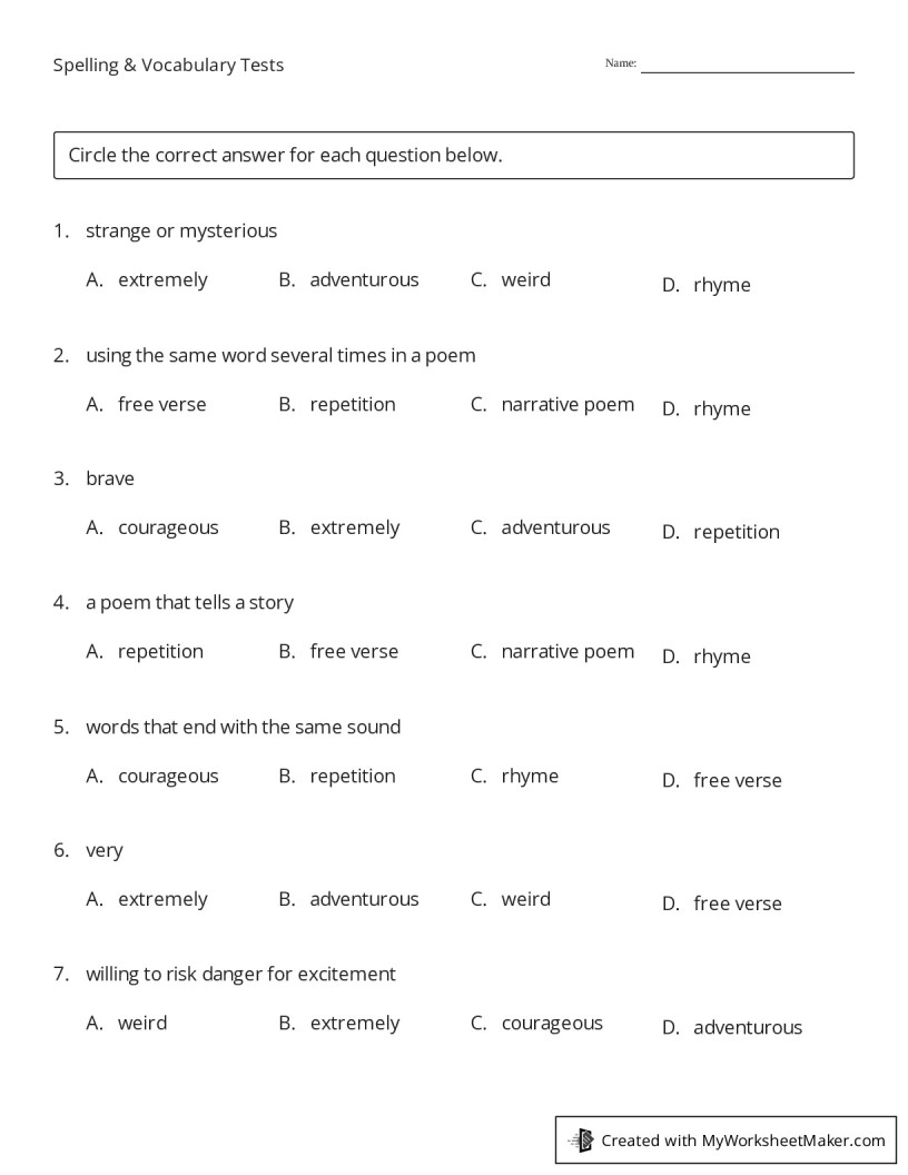 Spelling & Vocabulary Tests - My Worksheet Maker: Create Your Own ...