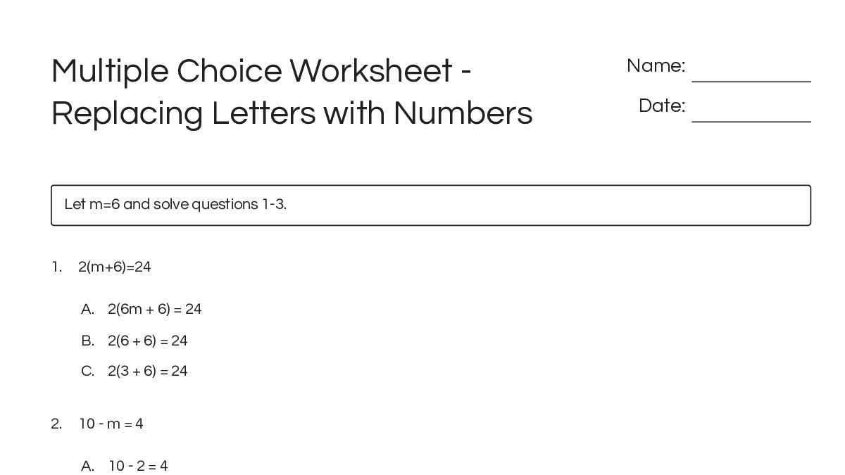 Multiple Choice Worksheet - Replacing Letters with Numbers - My ...