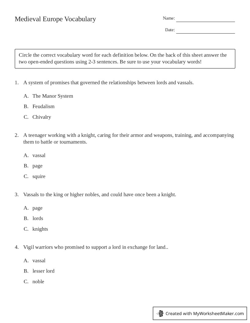 Medieval Europe Vocabulary - My Worksheet Maker: Create Your Own Worksheets