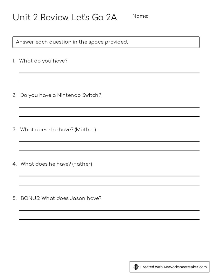 Unit 2 Review Let's Go 2A - My Worksheet Maker: Create Your Own Worksheets