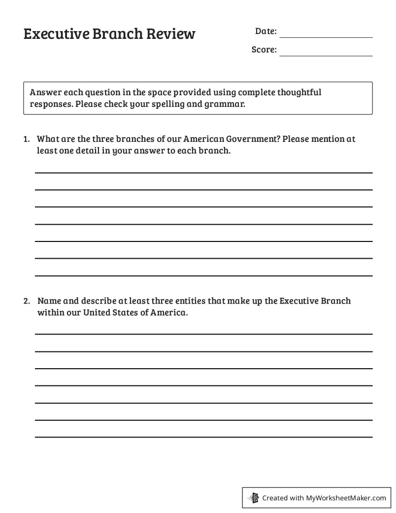 Executive Branch Review - My Worksheet Maker: Create Your Own Worksheets