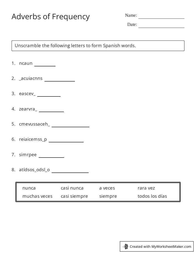 Adverbs of Frequency - My Worksheet Maker: Create Your Own Worksheets