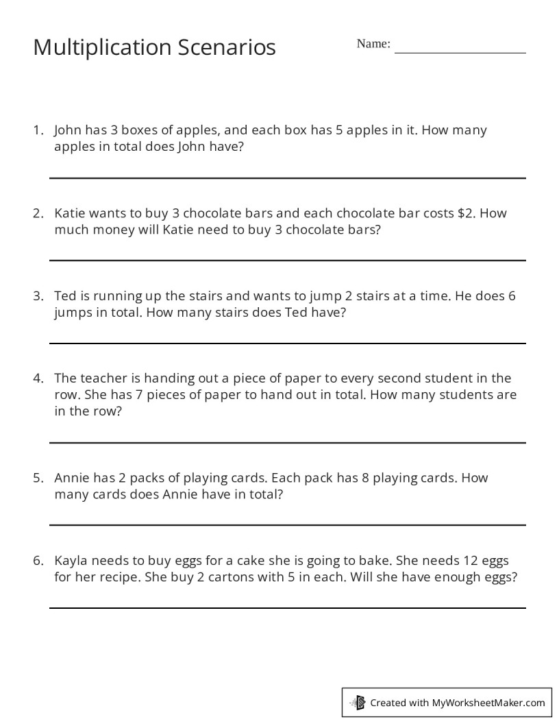 Multiplication Scenarios - My Worksheet Maker: Create Your Own Worksheets
