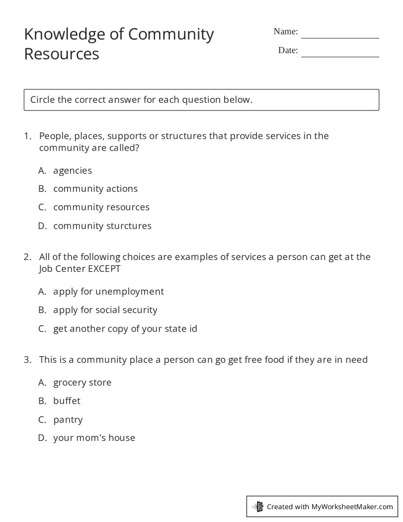Knowledge of Community Resources - My Worksheet Maker: Create Your Own ...