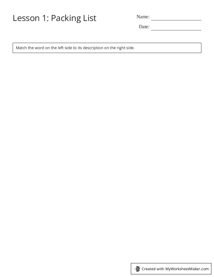 Lesson 1: Packing List - My Worksheet Maker: Create Your Own Worksheets