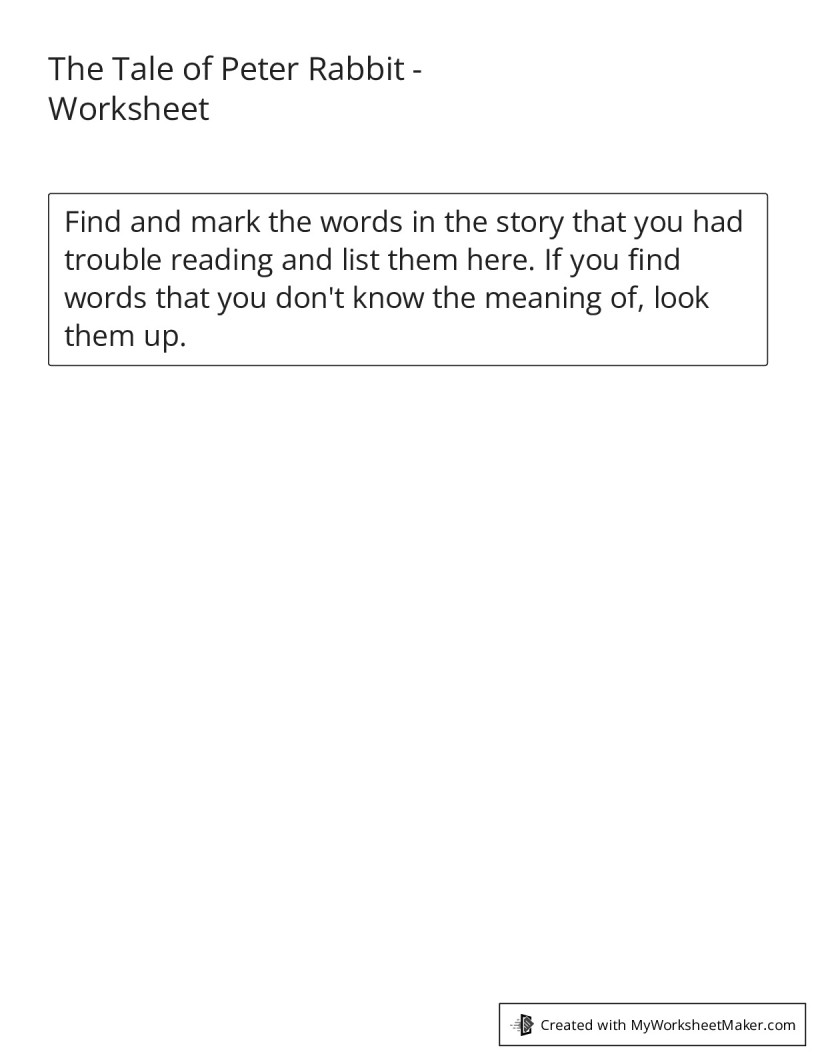 The Tale of Peter Rabbit - Worksheet - My Worksheet Maker: Create Your ...