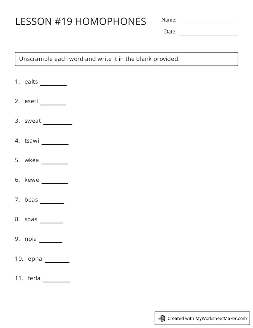 LESSON #19 HOMOPHONES - My Worksheet Maker: Create Your Own Worksheets