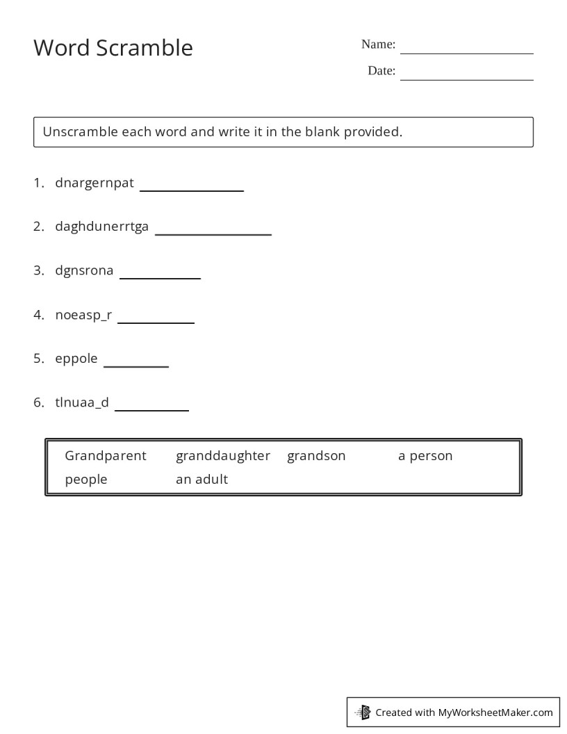 Word Scramble - My Worksheet Maker: Create Your Own Worksheets