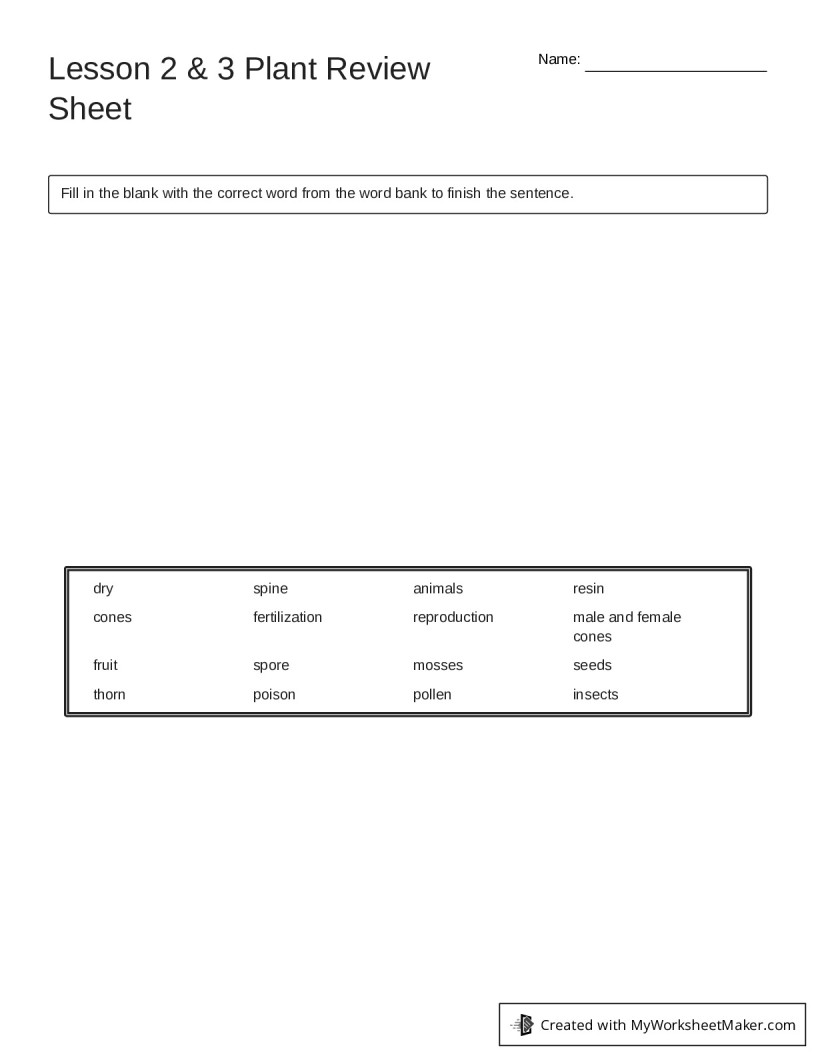 Lesson 2 & 3 Plant Review Sheet - My Worksheet Maker: Create Your Own ...