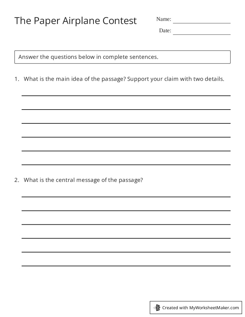 The Paper Airplane Contest - My Worksheet Maker: Create Your Own Worksheets