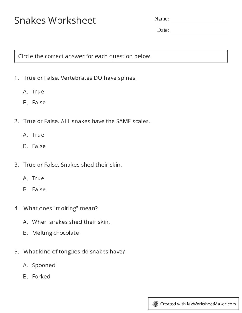 Snakes Worksheet - My Worksheet Maker: Create Your Own Worksheets