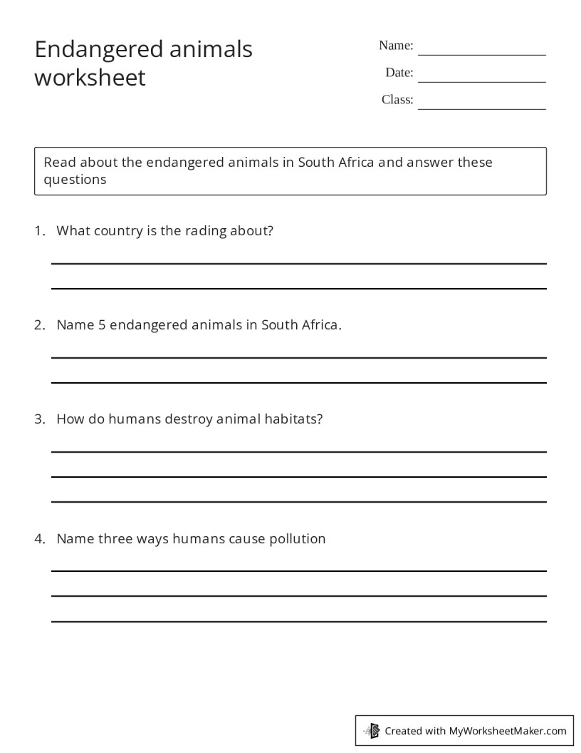 Endangered animals worksheet - My Worksheet Maker: Create Your Own ...