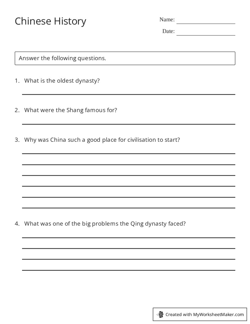 Chinese History - My Worksheet Maker: Create Your Own Worksheets