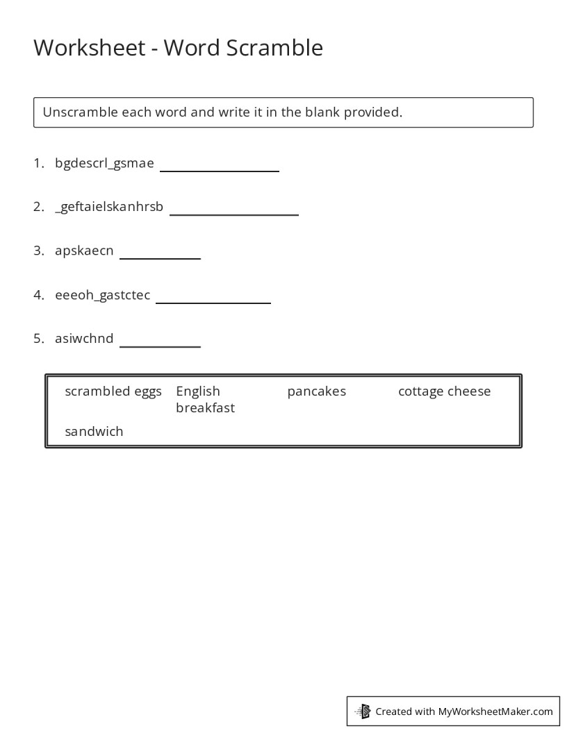 Worksheet - Word Scramble - My Worksheet Maker: Create Your Own Worksheets