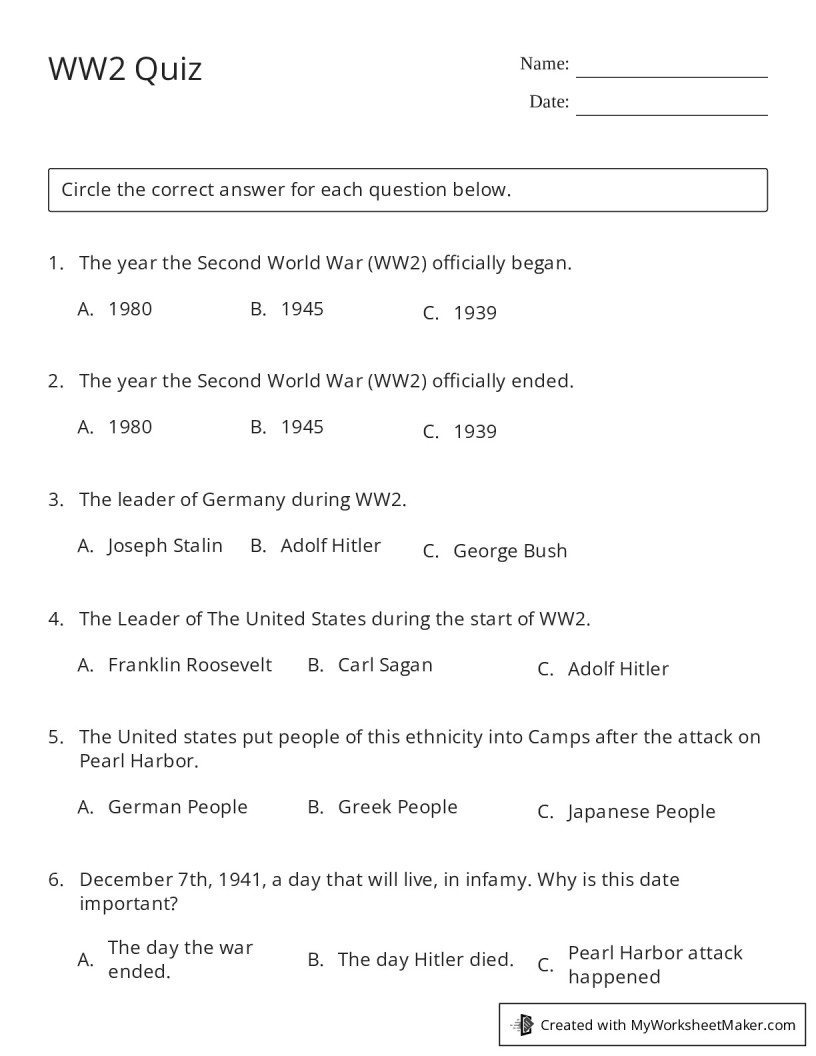 WW2 Quiz - My Worksheet Maker: Create Your Own Worksheets