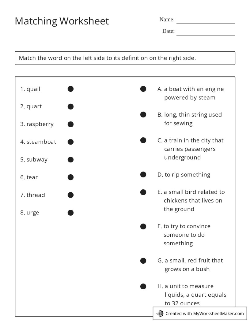 Matching Worksheet - My Worksheet Maker: Create Your Own Worksheets