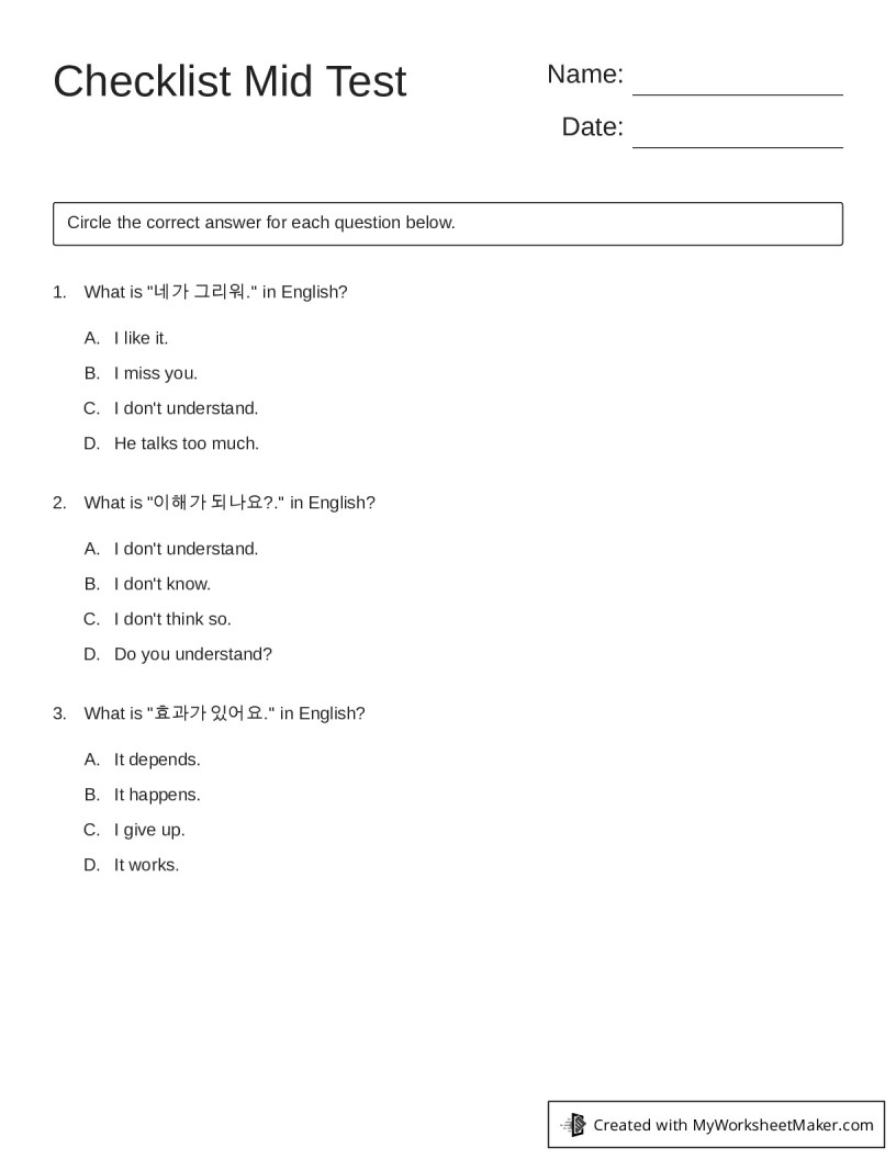 Checklist Mid Test - My Worksheet Maker: Create Your Own Worksheets
