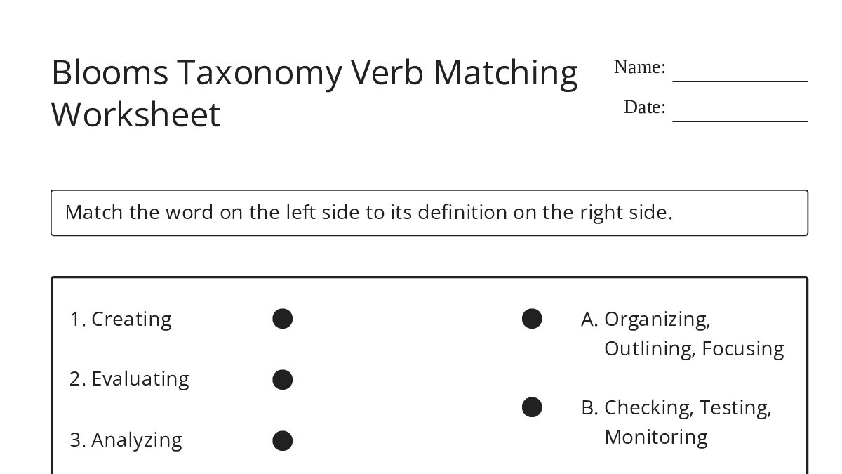 Blooms Taxonomy Verb Matching Worksheet - My Worksheet Maker: Create ...