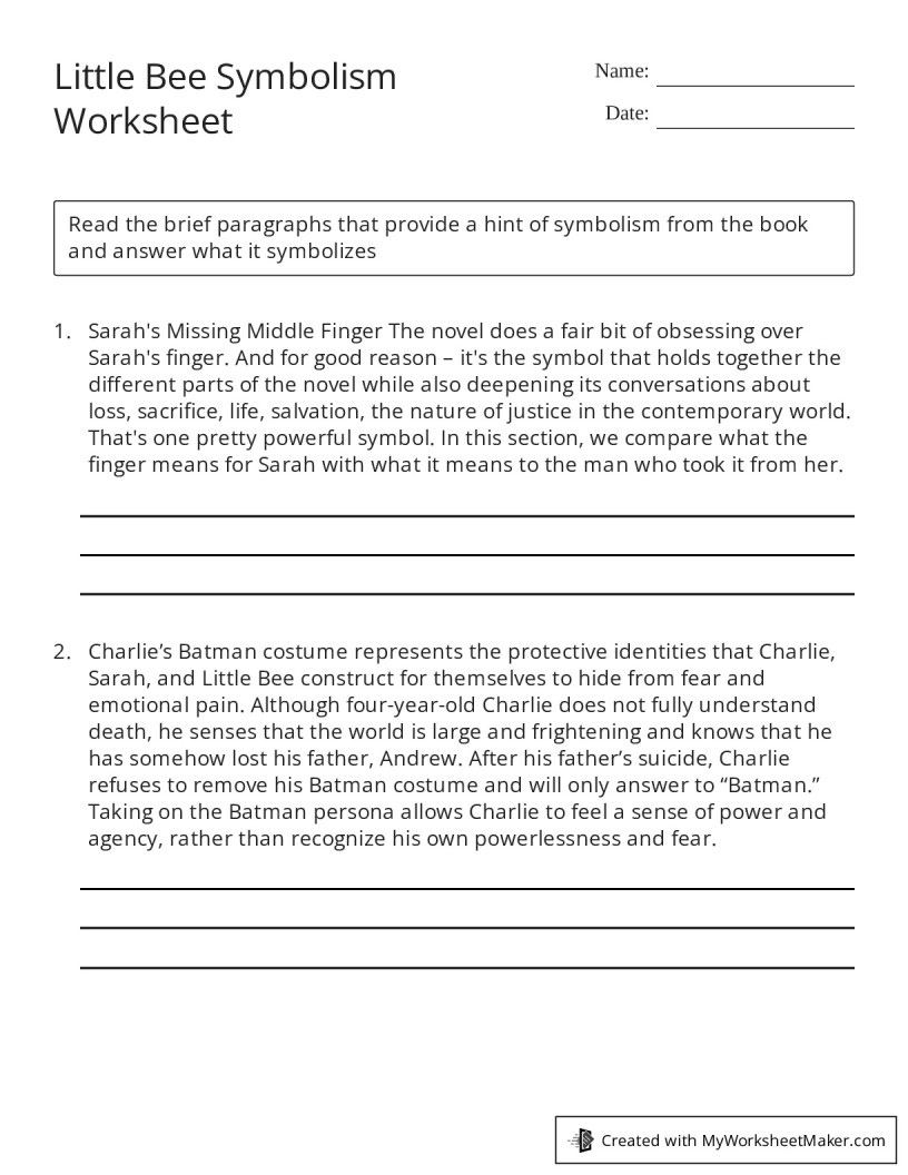 Little Bee Symbolism Worksheet - My Worksheet Maker: Create Your Own ...