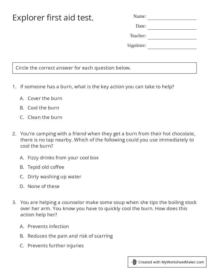 Explorer first aid test. - My Worksheet Maker: Create Your Own Worksheets