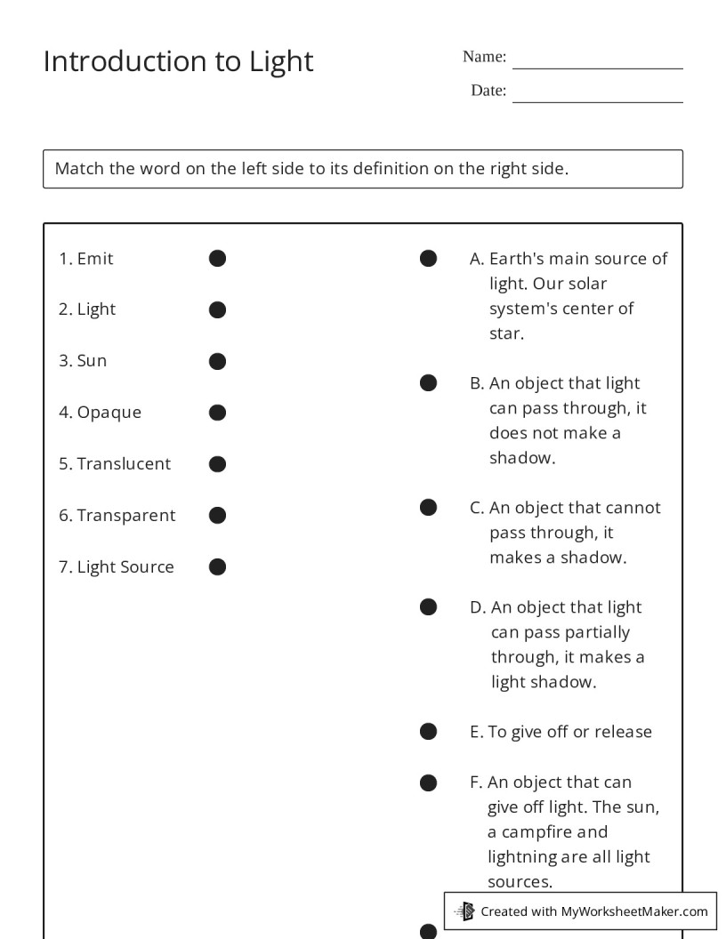 Introduction to Light - My Worksheet Maker: Create Your Own Worksheets