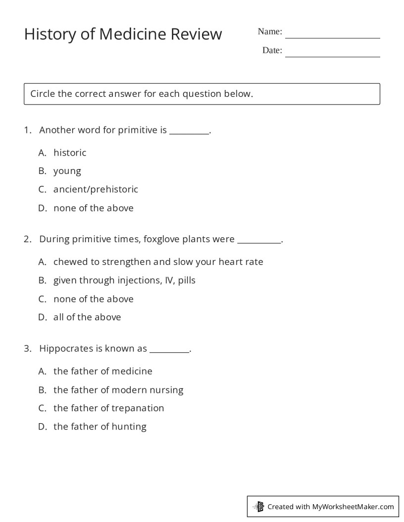 History of Medicine Review - My Worksheet Maker: Create Your Own Worksheets