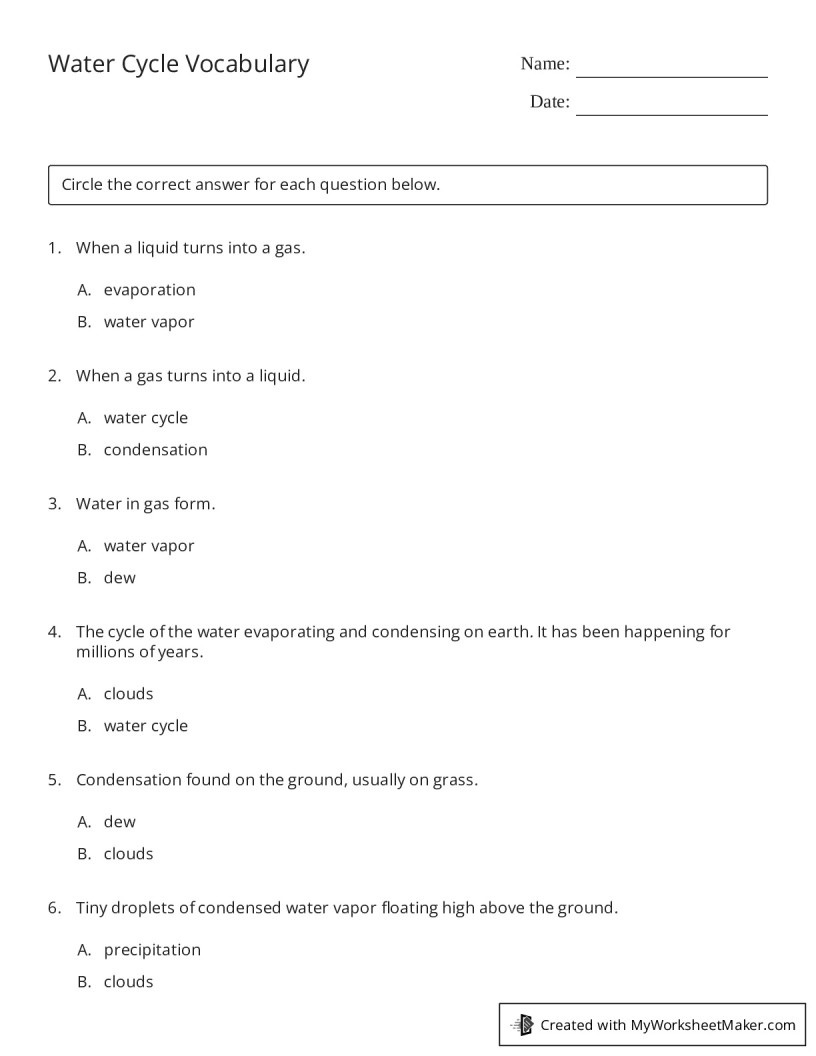 Water Cycle Vocabulary - My Worksheet Maker: Create Your Own Worksheets