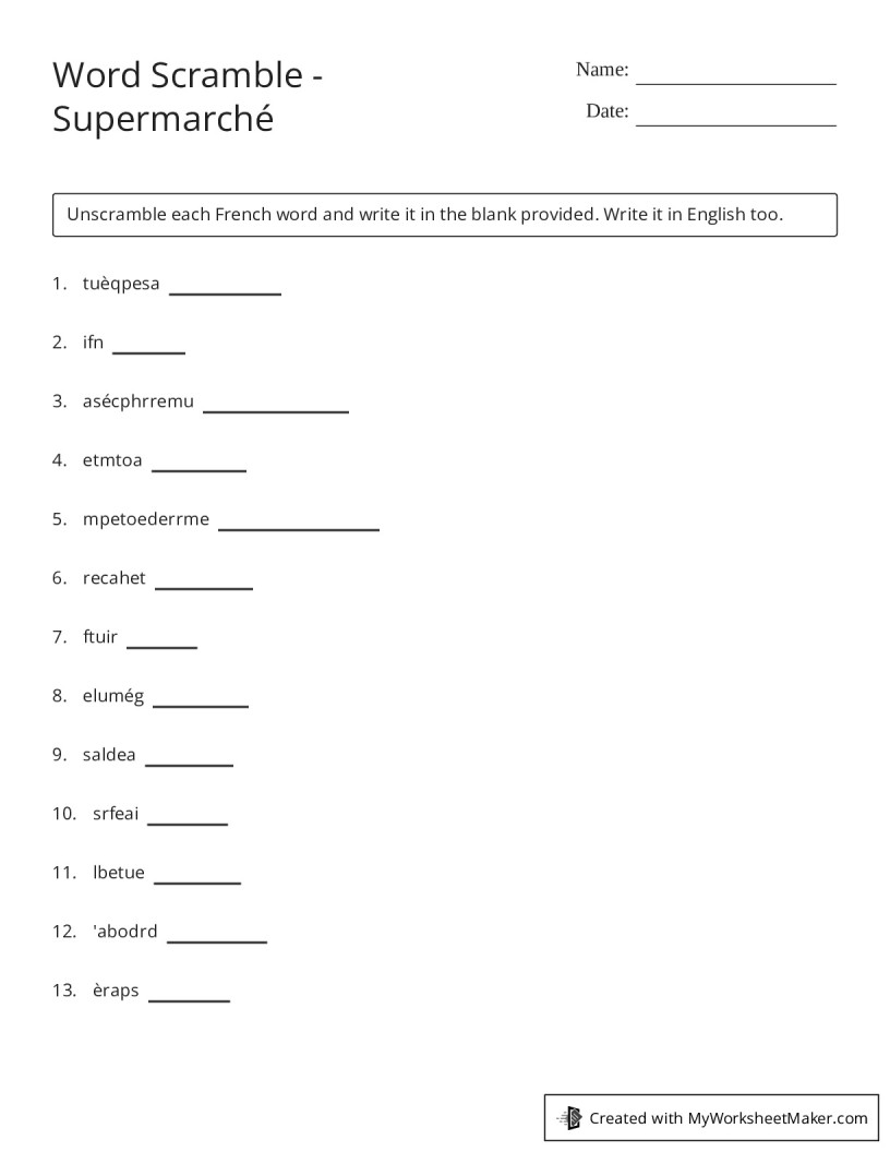 Word Scramble - Supermarché - My Worksheet Maker: Create Your Own ...