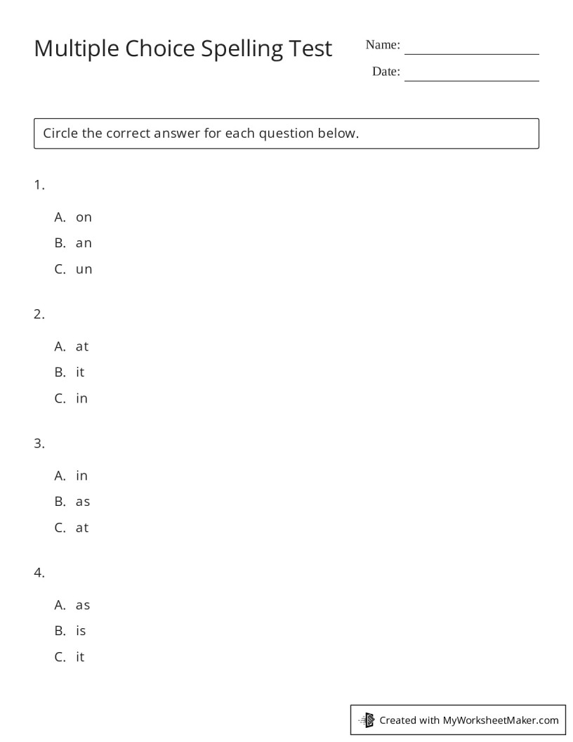 Multiple Choice Spelling Test - My Worksheet Maker: Create Your Own ...