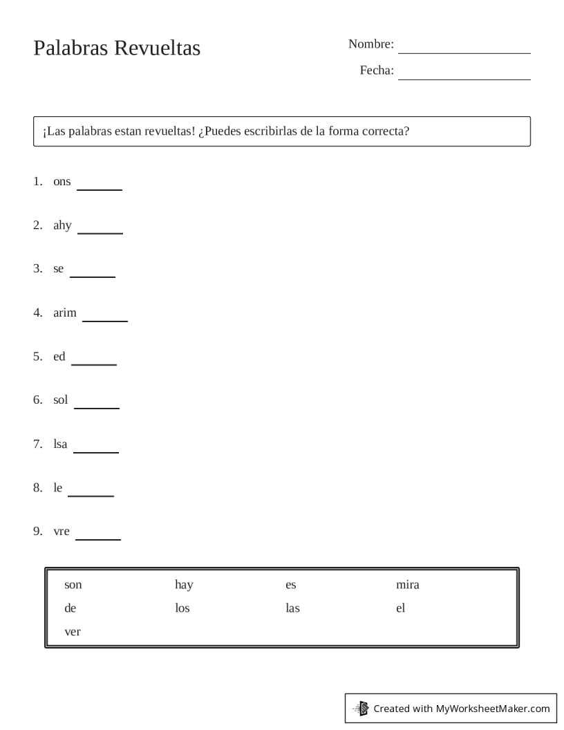 Palabras Revueltas - My Worksheet Maker: Create Your Own Worksheets