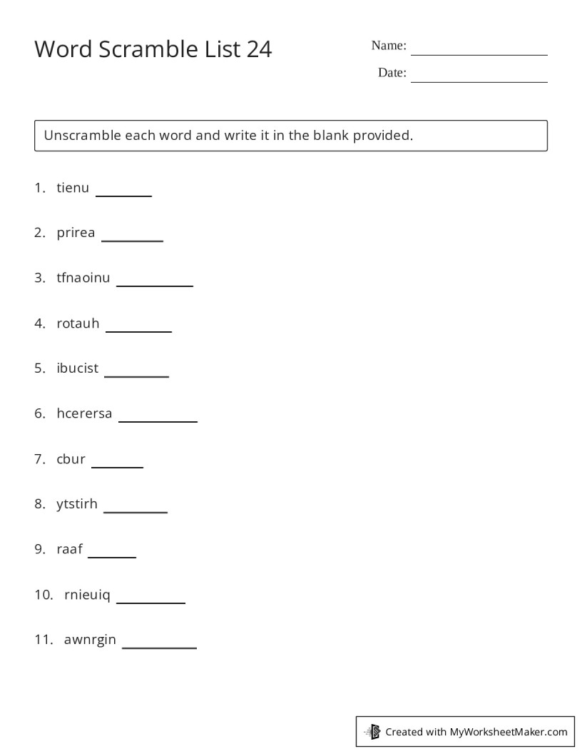 Word Scramble List 24 - My Worksheet Maker: Create Your Own Worksheets