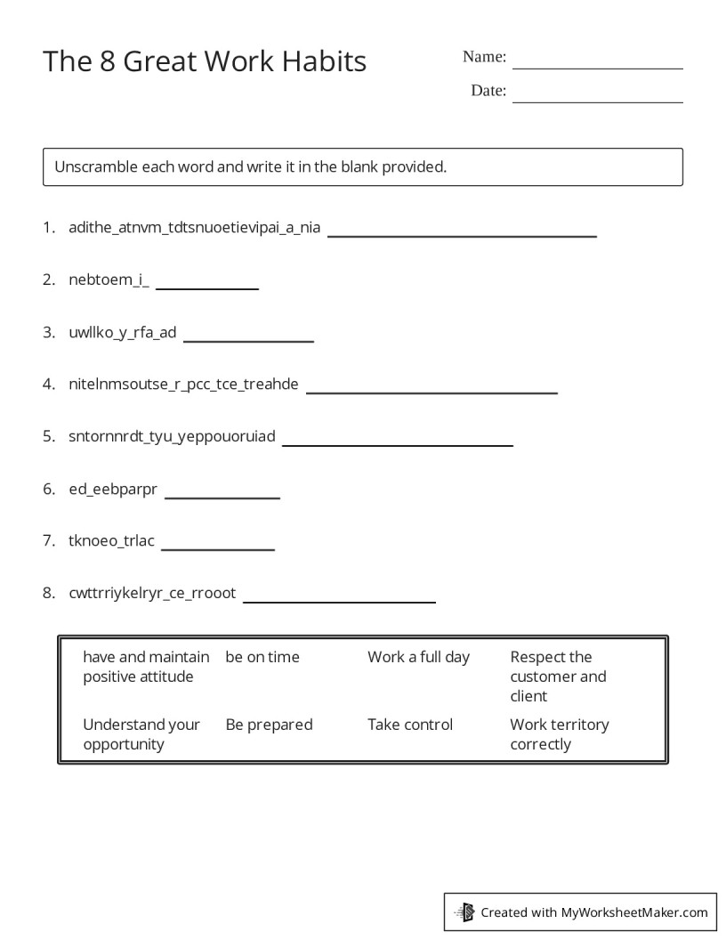 The 8 Great Work Habits - My Worksheet Maker: Create Your Own Worksheets
