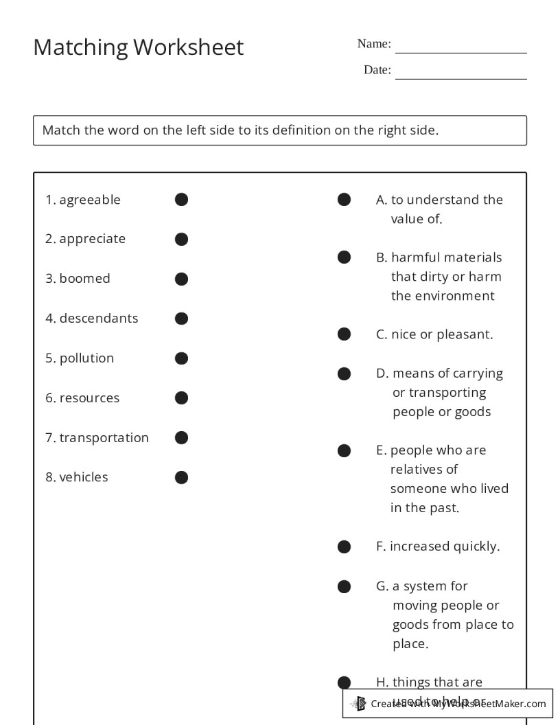 Matching Worksheet - My Worksheet Maker: Create Your Own Worksheets