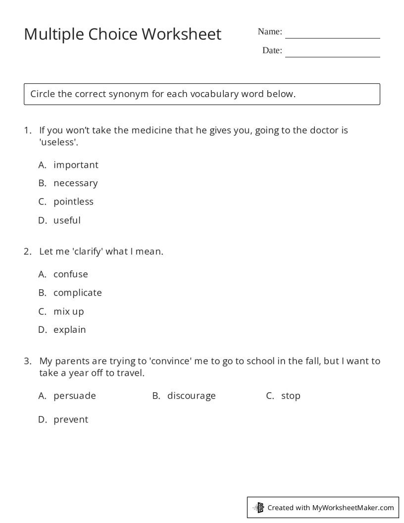 Multiple Choice Worksheet - My Worksheet Maker: Create Your Own Worksheets