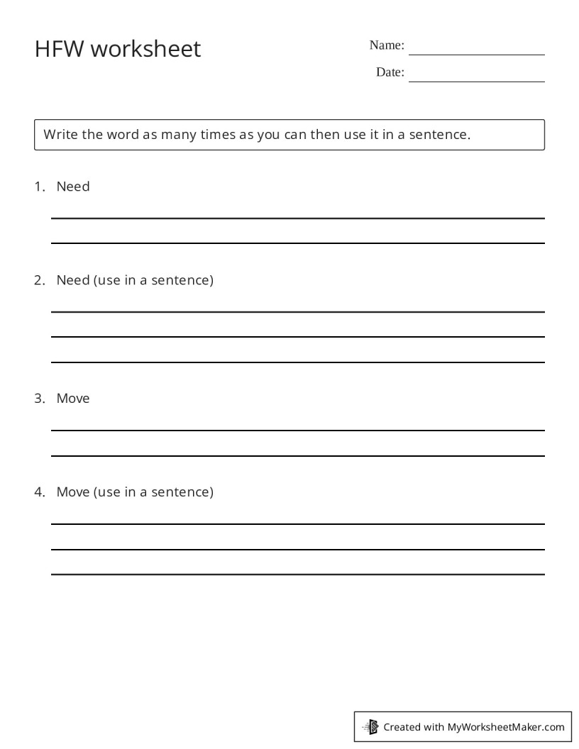 HFW worksheet - My Worksheet Maker: Create Your Own Worksheets