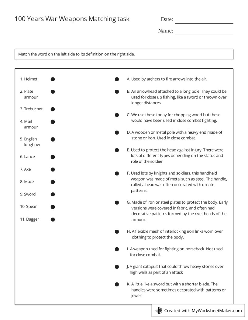 100 Years War Weapons Matching task - My Worksheet Maker: Create Your ...
