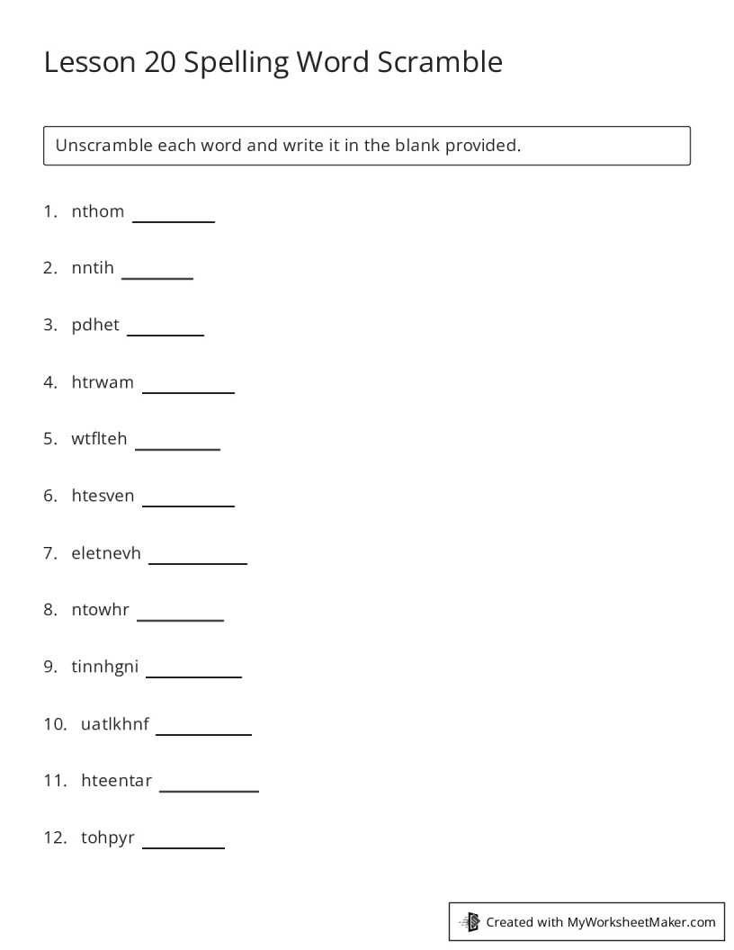 Lesson 20 Spelling Word Scramble - My Worksheet Maker: Create Your Own ...