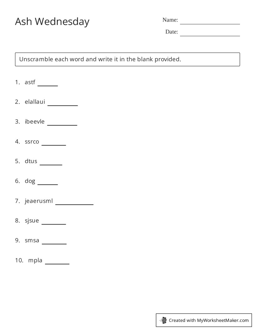 Ash Wednesday - My Worksheet Maker: Create Your Own Worksheets