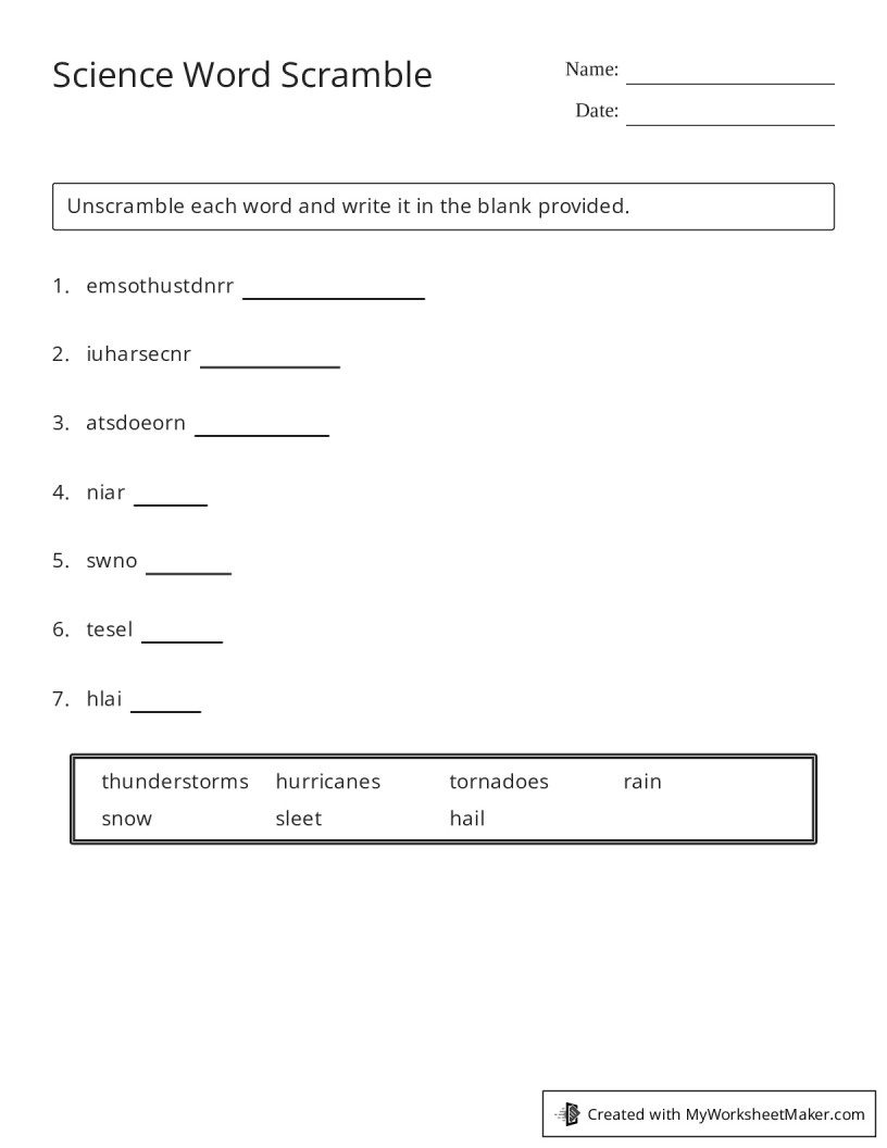 Science Word Scramble - My Worksheet Maker: Create Your Own Worksheets