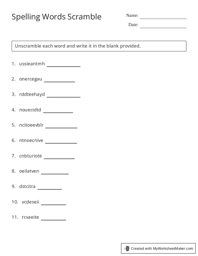 Spelling Words Scramble - My Worksheet Maker: Create Your Own Worksheets