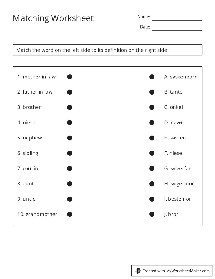 Matching Worksheet - My Worksheet Maker: Create Your Own Worksheets