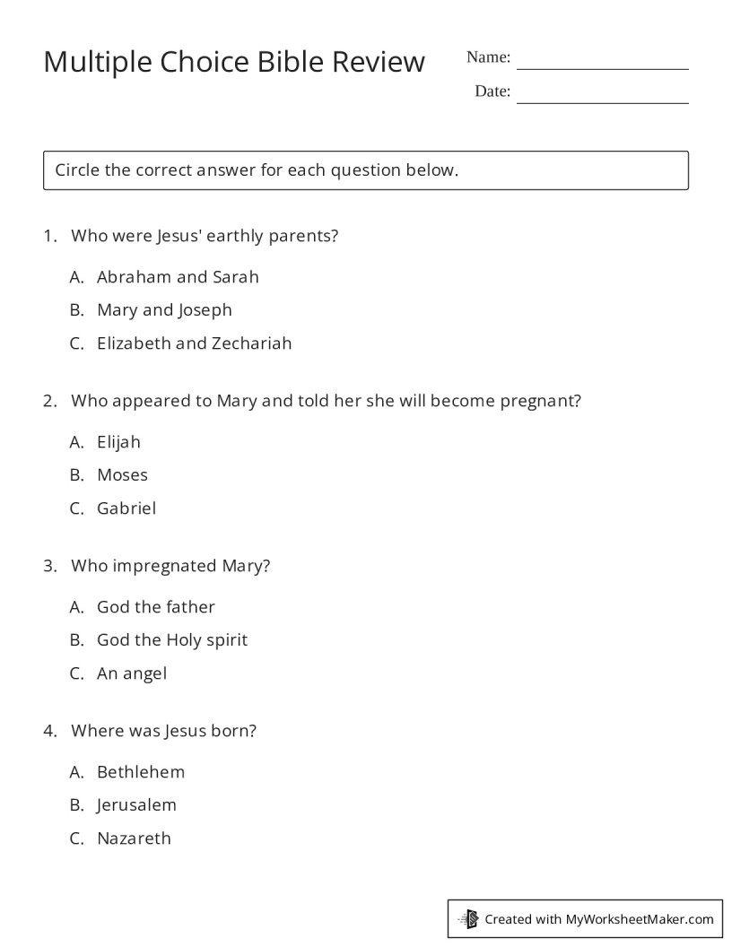 Multiple Choice Bible Review - My Worksheet Maker: Create Your Own Worksheets