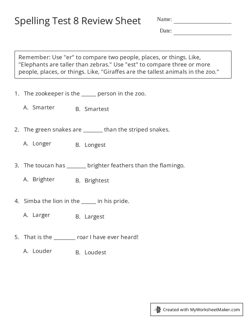 Spelling Test 8 Review Sheet - My Worksheet Maker: Create Your Own ...