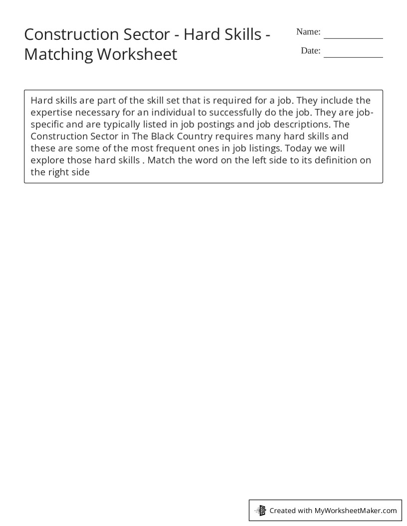 Construction Sector - Hard Skills - Matching Worksheet - My Worksheet ...