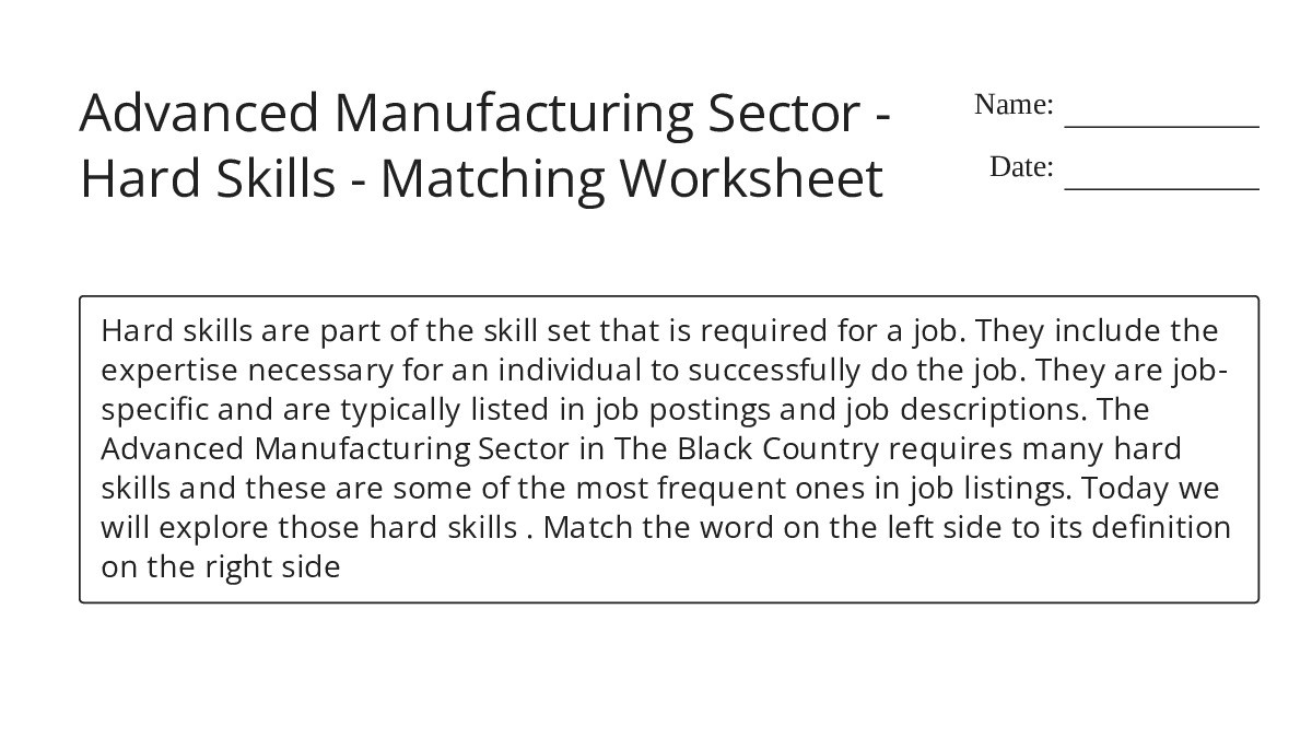 Advanced Manufacturing Sector - Hard Skills - Matching Worksheet - My ...