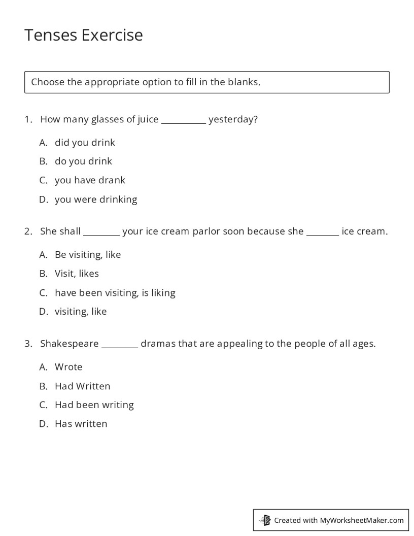 Tenses Exercise - My Worksheet Maker: Create Your Own Worksheets