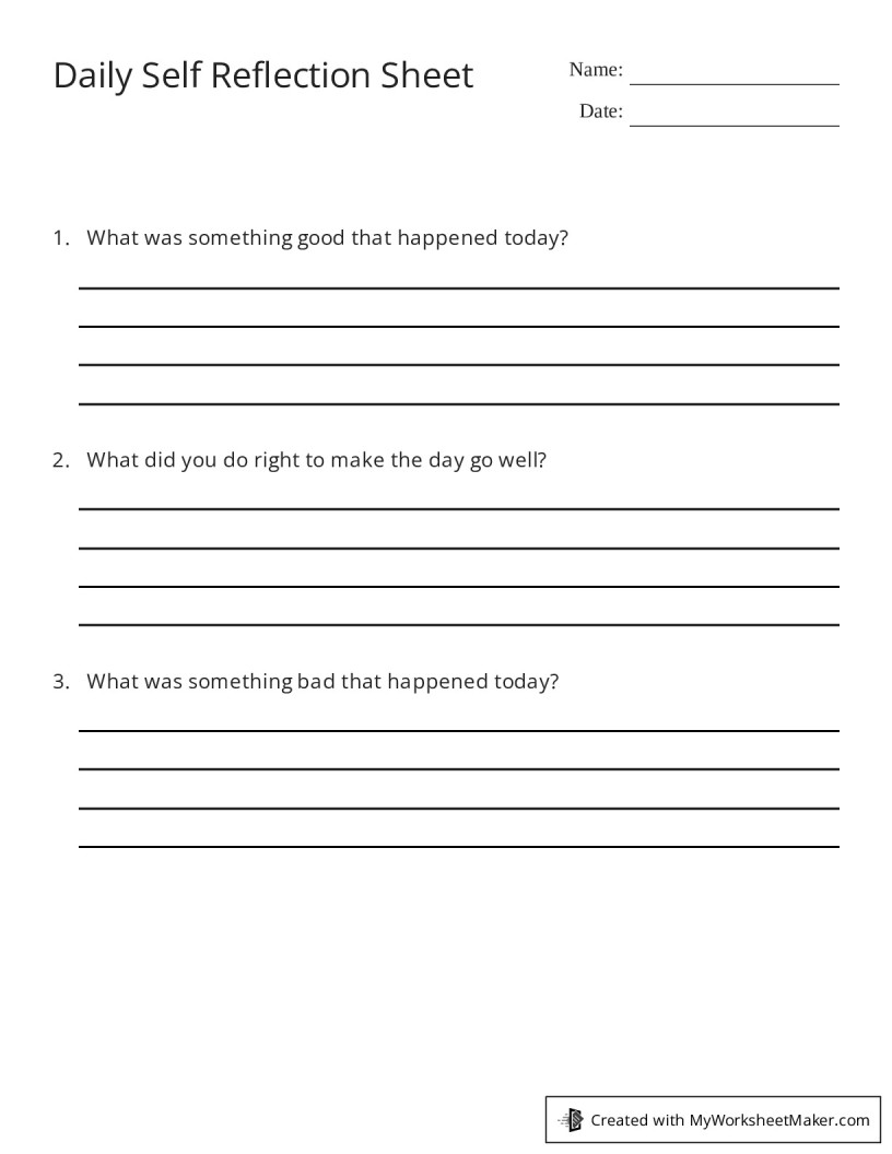Daily Self Reflection Sheet - My Worksheet Maker: Create Your Own ...