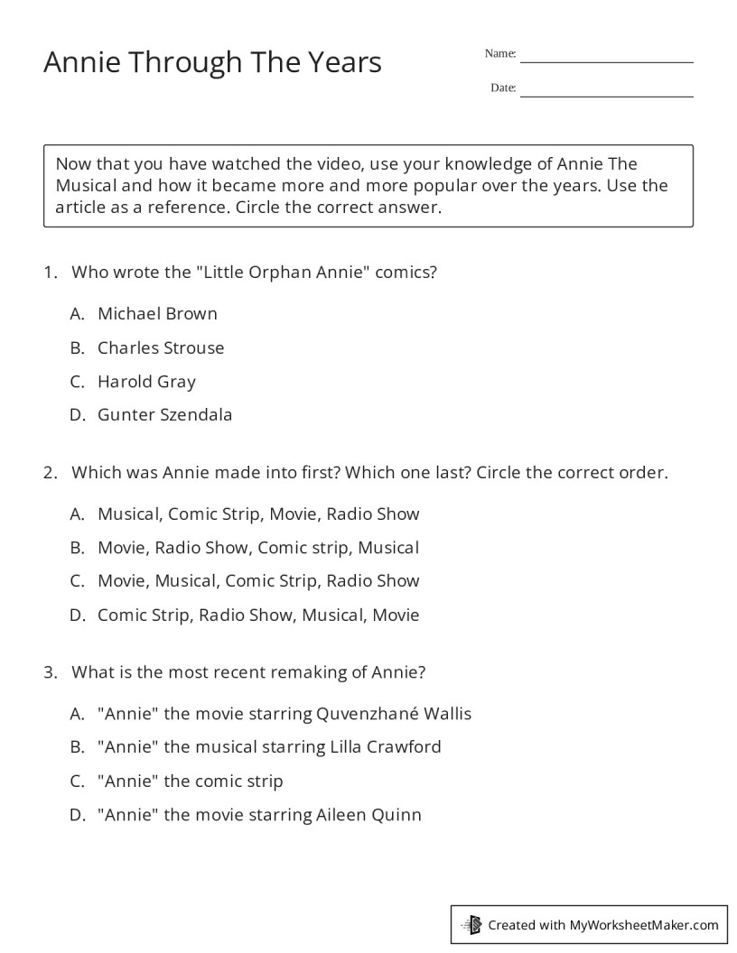 Annie Through The Years - My Worksheet Maker: Create Your Own Worksheets